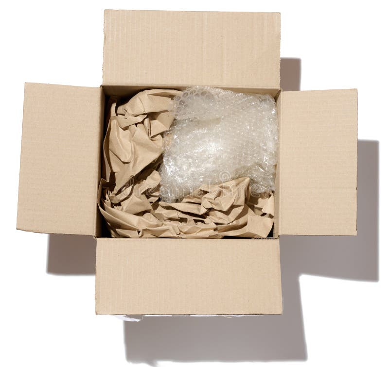 Open Cardboard Box, Inside Crumpled Paper and Polyethylene Stock Image ...