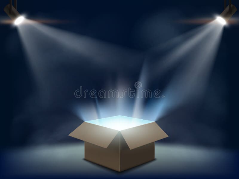 Open Cardboard Box with Light Inside. Background with Spotlights Stock ...