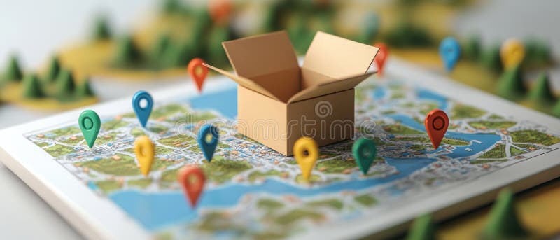 Open Cardboard Box on Map with Location Pins Stock Photo - Image of ...