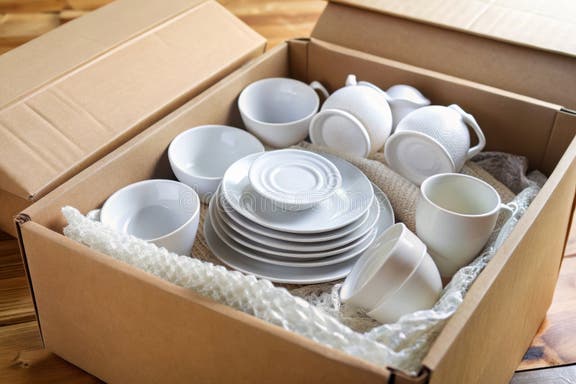 Open Cardboard Box with Packed White Dinnerware on Wooden Surface Stock ...