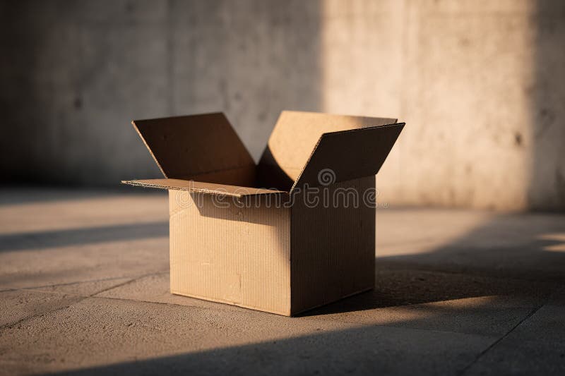 Open Cardboard Box Positioned on a Concrete Floor Illuminated by Soft ...