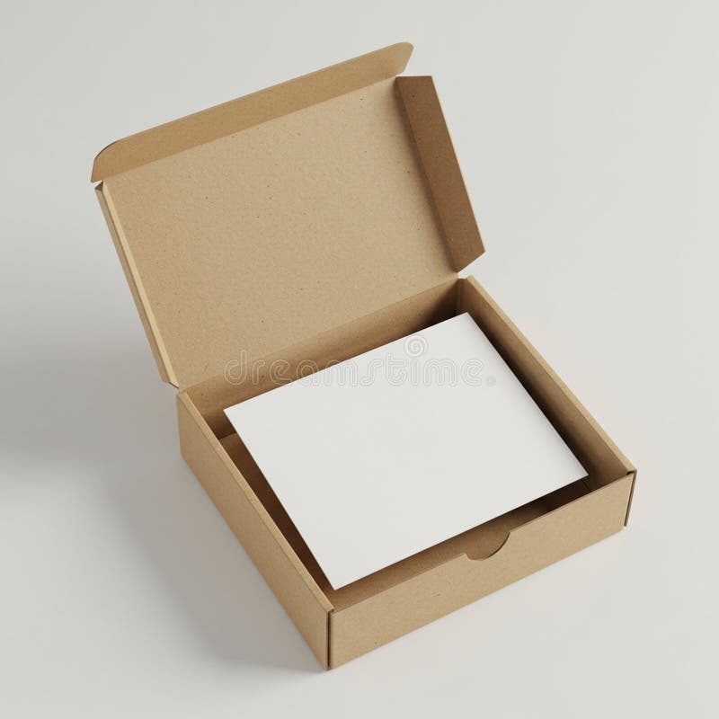 Open Cardboard Box with a Rectangular, Blank White Card Inside. the Box ...