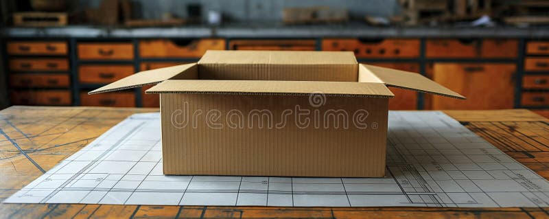 Open Cardboard Box on Blueprints Stock Photo - Image of table ...
