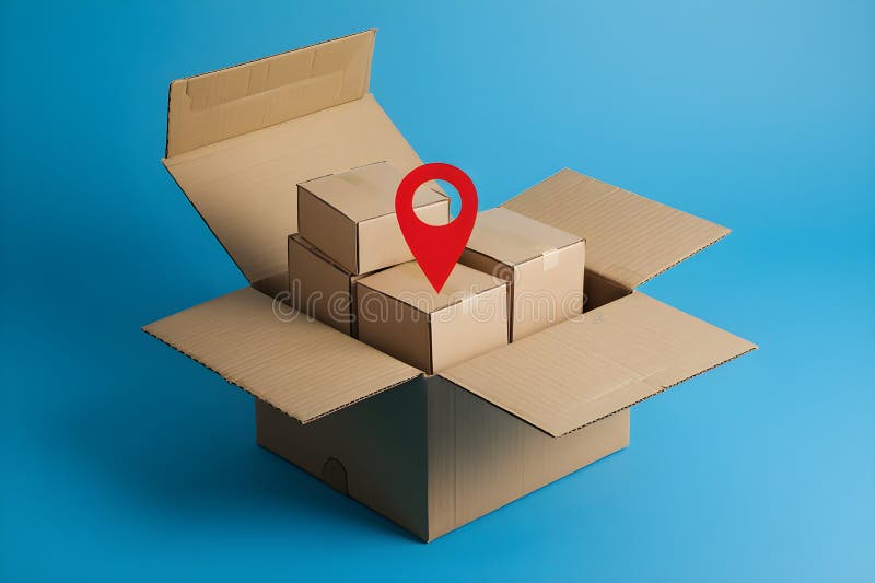 Open Cardboard Box with Small Boxes, Red Location Pin Symbolizing ...