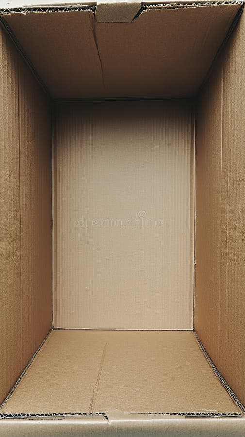 An Open Cardboard Box with Three Vertical Deep Walls Viewed from the ...