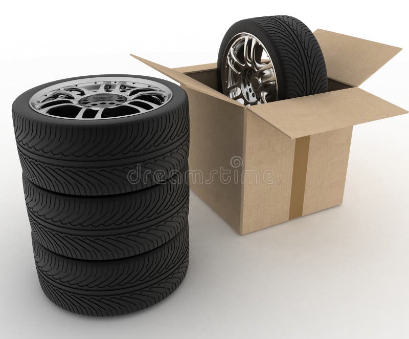 Open Cardboard Box with Tires on White Stock Illustration ...