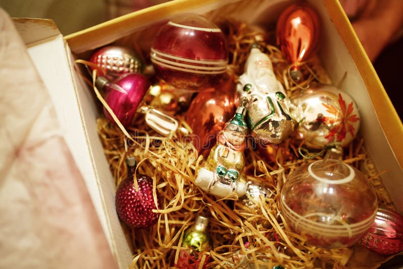 Open Cardboard Box with Vintage Christmas Decorations Stock Image ...