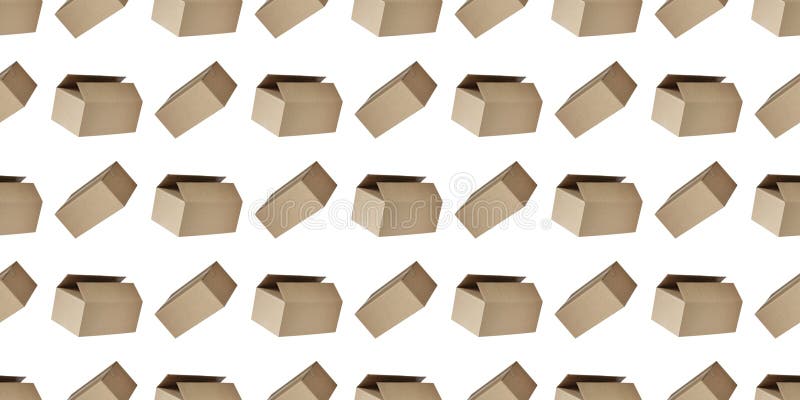 Open Cardboard Boxes Floating on White Background Seamless Pattern ...