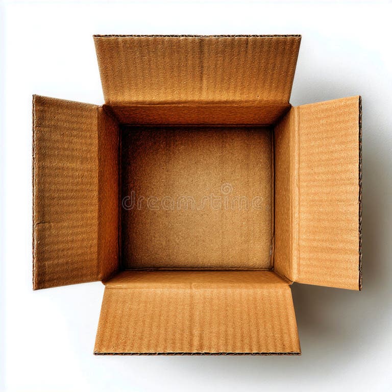Open Cardboard Container on a White Surface Overhead View Stock ...