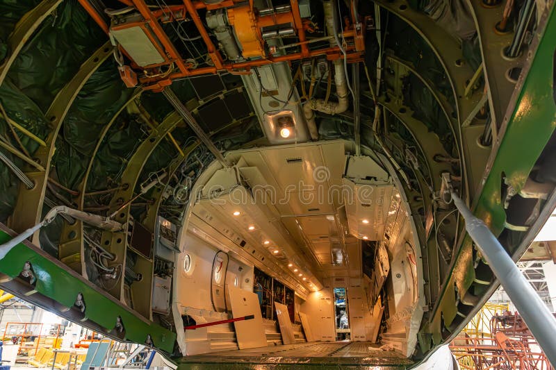 Open Cargo Cabin of Transport Freight Airplane in Aircraft Hangar Stock ...