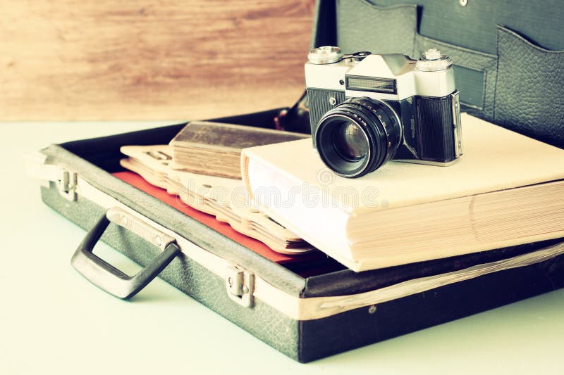 Open Case with Old Camera Sunglasses and Clock Stock Photo - Image of ...