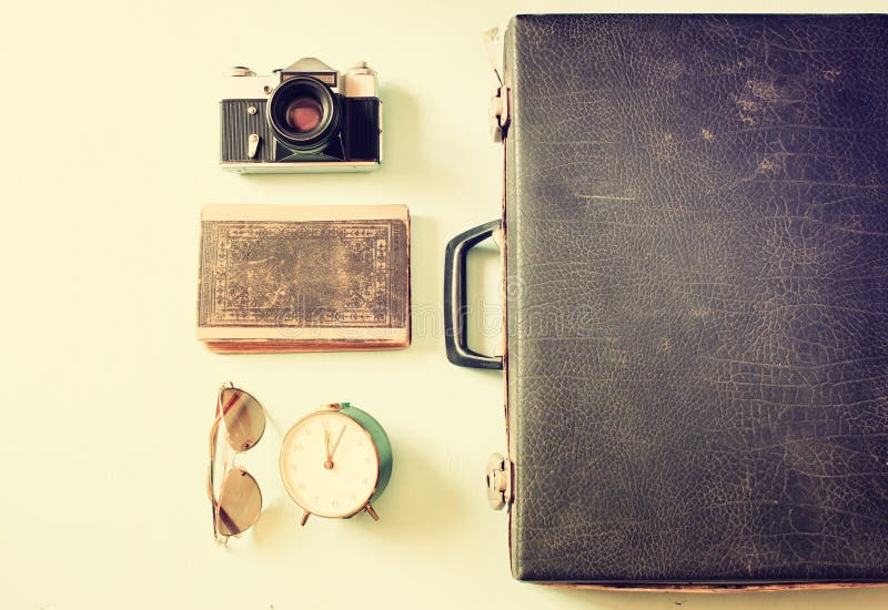 Open Case with Old Camera Sunglasses and Clock. Stock Image - Image of ...