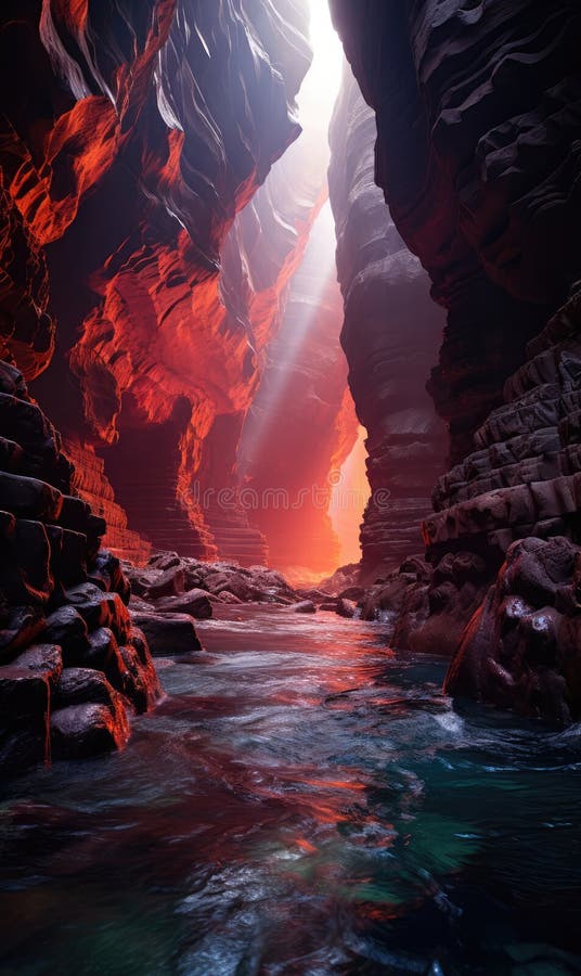 An Open Cave with a Water Stream Flowing through Stock Illustration ...