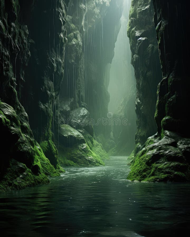 An Open Cave with a Water Stream Flowing through Stock Image - Image of ...