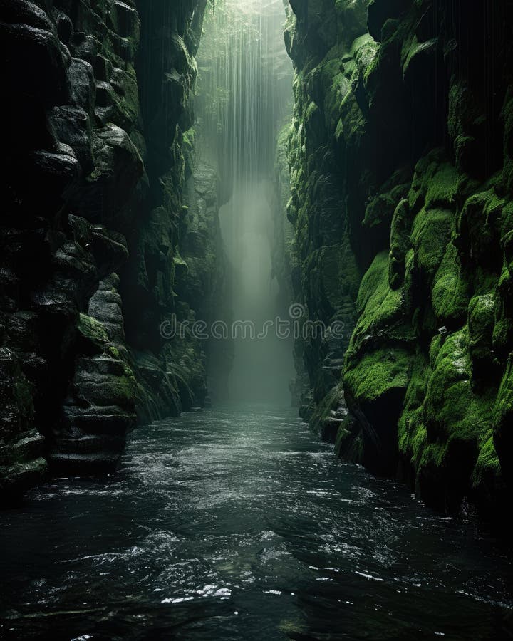 An Open Cave with a Water Stream Flowing through Stock Image - Image of ...