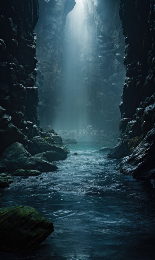An Open Cave with a Water Stream Flowing through Stock Image - Image of ...