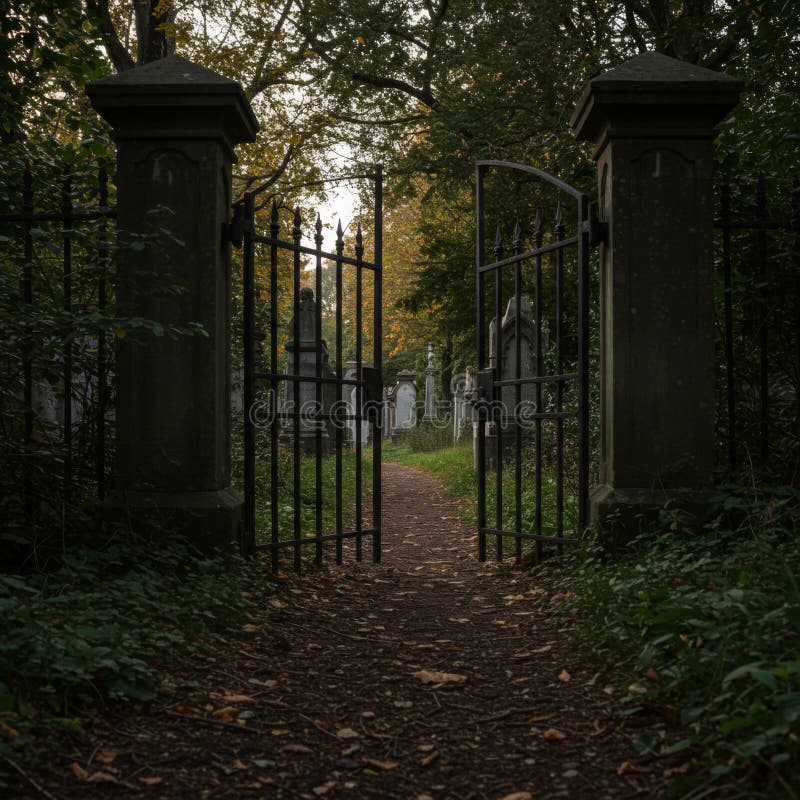 Open Cemetery Gate with Autumn Leaves Path Stock Illustration ...