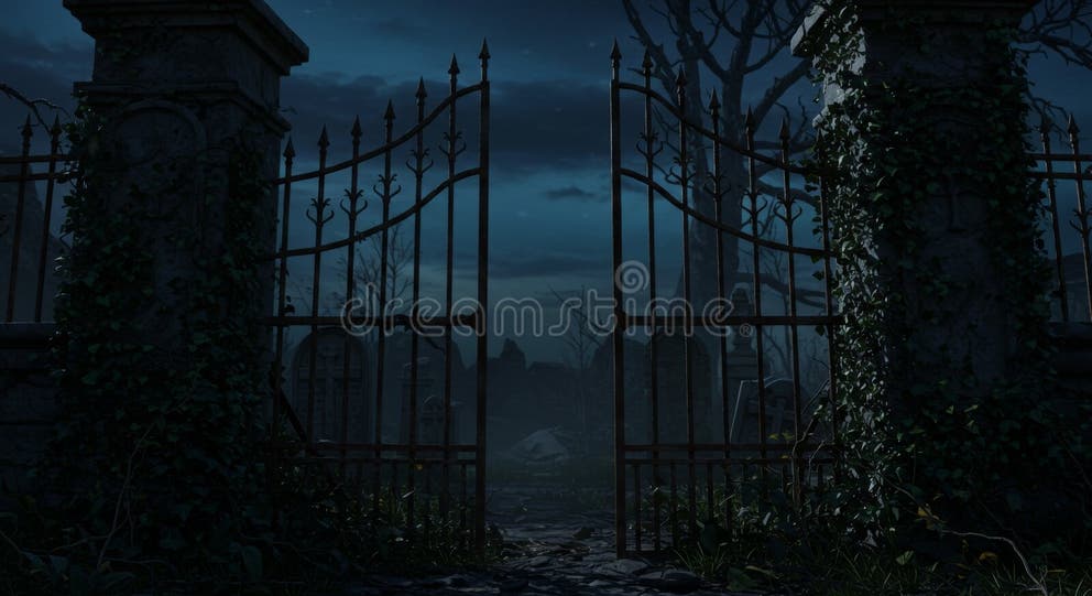 Open Cemetery Gate at Night Stock Illustration - Illustration of ...