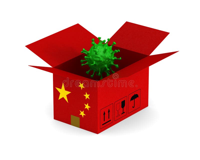 Open Chinese Cargo Box and Virus on White Background. Isolated 3D ...