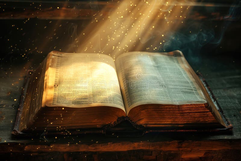 An Open Christian Holy Bible Book on Which Golden Rays of Light Fall ...