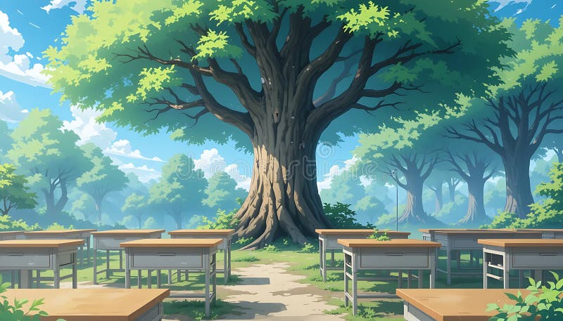 Open Classroom Under Tree Canopy with Desks Nature Education Concept ...