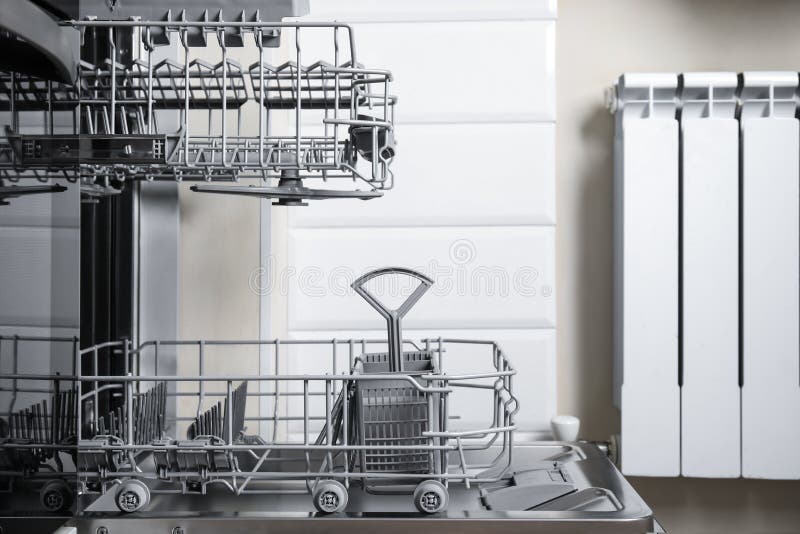 Open Clean Modern Empty Automatic Dishwasher Machine in Kitchen Stock ...