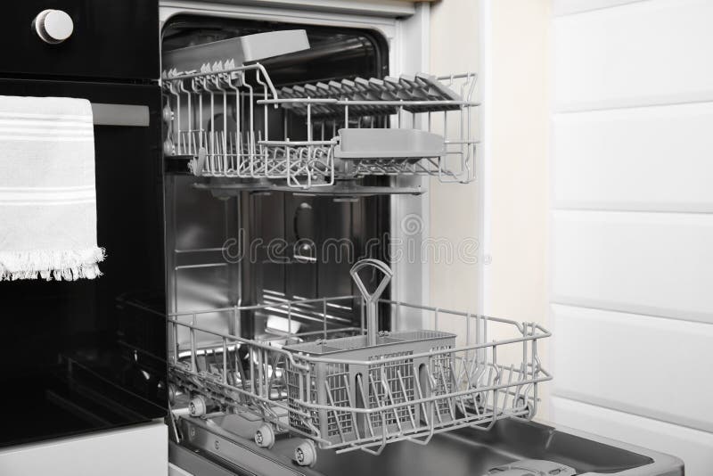 Open Clean Modern Empty Automatic Dishwasher Machine in Kitchen Stock ...