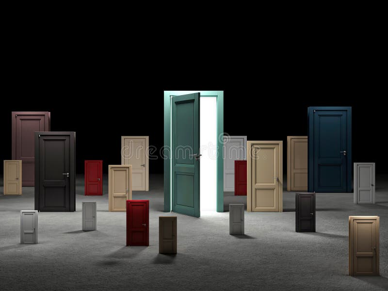 Open and Closed Doors in Room, Unknown Concept Stock Illustration ...