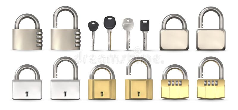 Open and Closed Metallic, Gold and Chrome Code Padlocks. Realistic ...