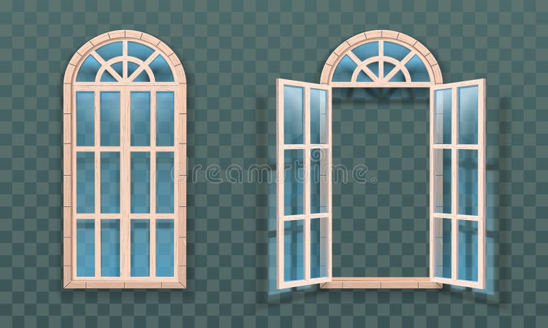 Open and Closed Windows Isolated. Woodens Frames and Glass. Vector ...