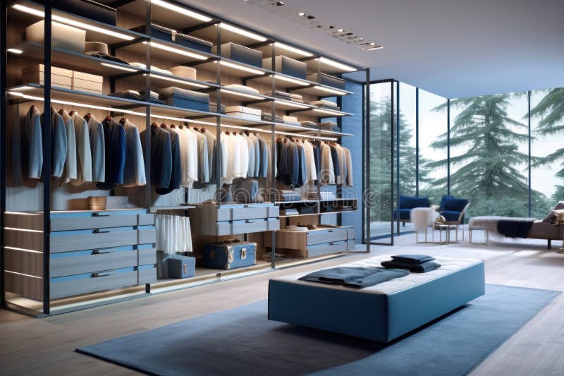 Open Closet with Blue and White Drawers Stock Image - Image of drawers ...