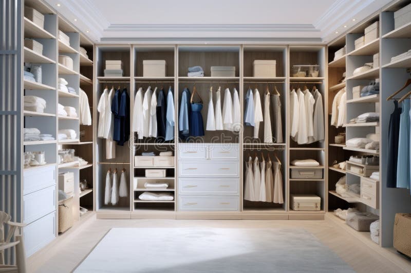 Open Closet with Blue and White Drawers Stock Image - Image of ...