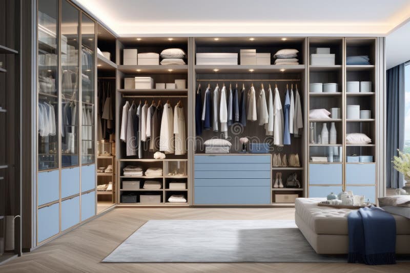 Open Closet with Blue and White Drawers Stock Image - Image of folded ...
