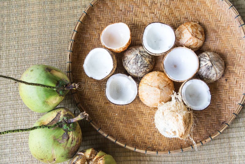Open Coconut with Coconut Peel Stock Image - Image of eating, garden ...