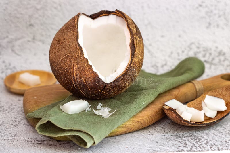 Open Coconut, Coconut Pieces on the Shell Stock Photo - Image of ...
