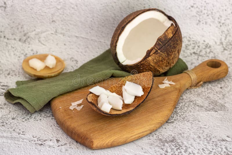 Open Coconut, Coconut Pieces on the Shell Stock Image - Image of exotic ...