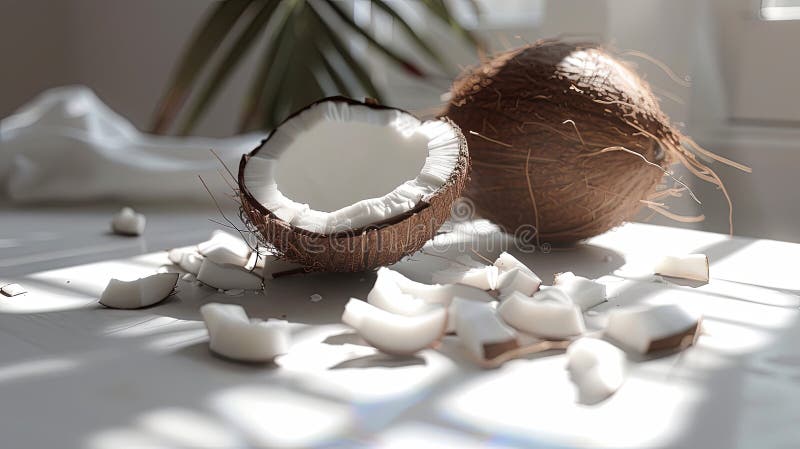 An Open Coconut with Coconut Flakes Scattering on a White Table Stock ...