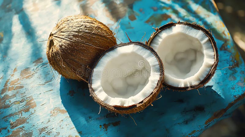 Open Coconut Halves and Whole Coconut on Rustic Surface Stock Photo ...