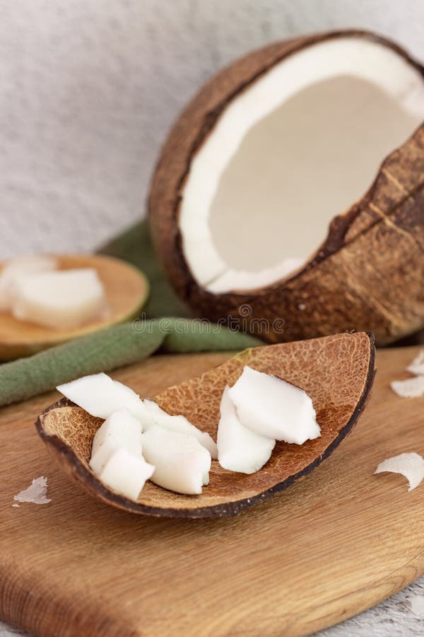 Open Coconut, Coconut Pieces on the Shell Stock Photo - Image of wooden ...