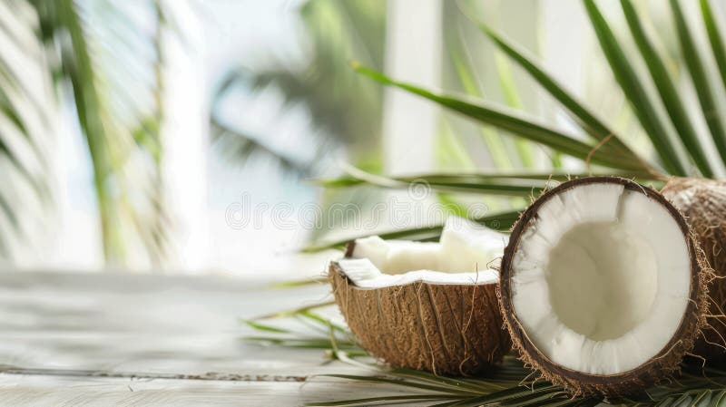 Open Coconut Shell with Palm Fronds on White Tabletop Stock Image ...
