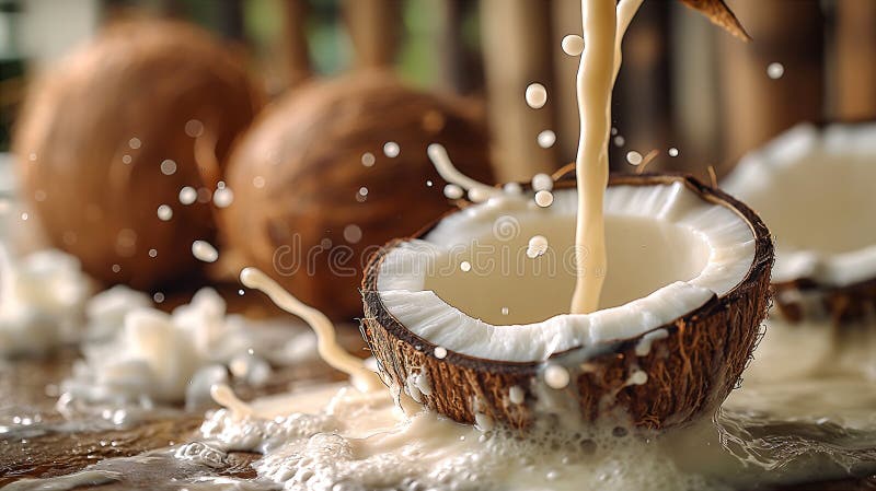 Open Coconut Shell with Pouring Liquid with Whole Coconuts in the ...
