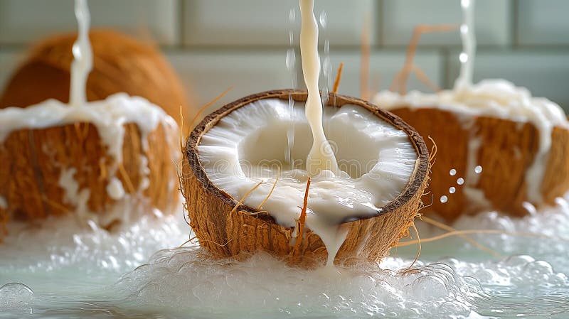 Open Coconut Shell with Pouring Liquid with Whole Coconuts in the ...