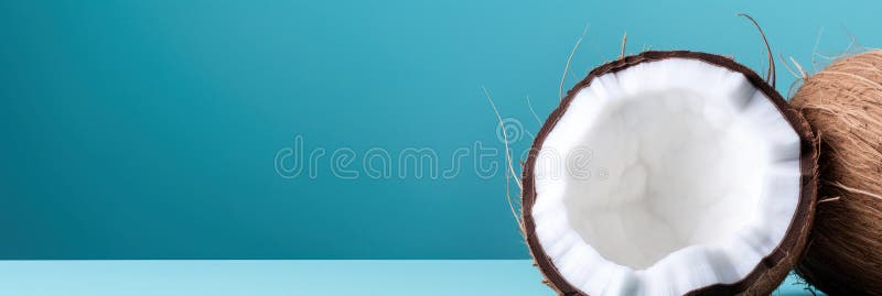 Open Coconut with White Flesh, Panoramic View on Turquoise Backdrop ...