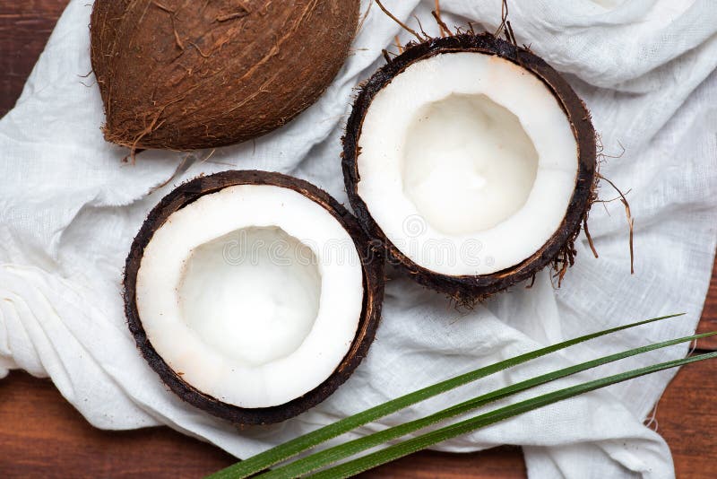 Open Coconut on a Wooden Table Top View Stock Photo - Image of organic ...