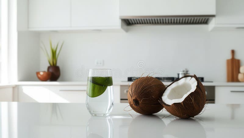 Open Coconuts with Water Glass on Modern Kitchen Counter Stock ...