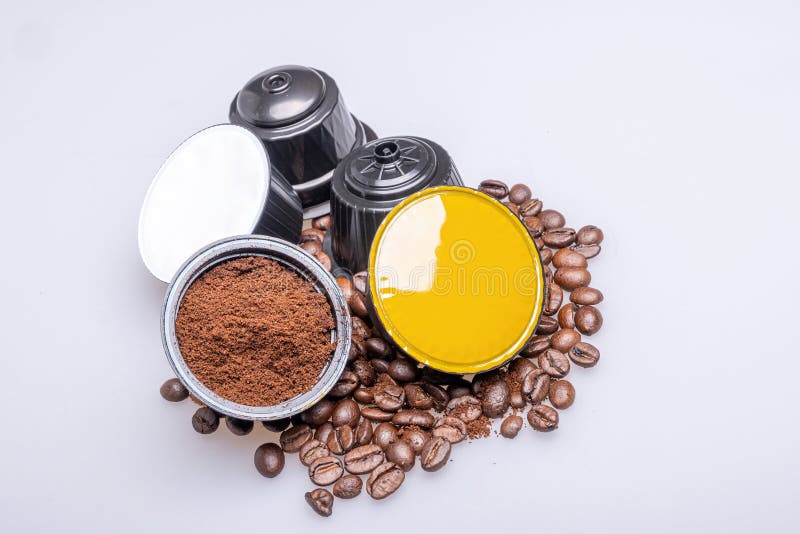 Open Coffee Capsule with Grounded Coffee Inside, Assorted Coffee Pods ...