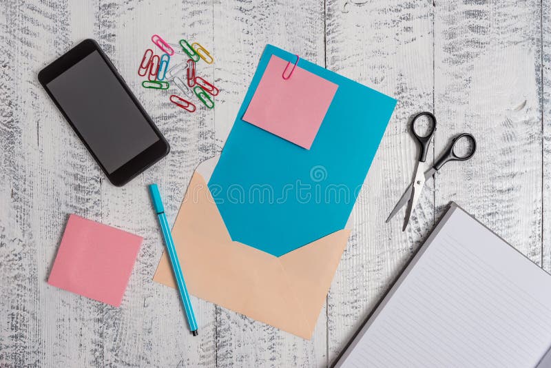 Open Colored Envelope Blank Sheet Paper Sticky Notes Ballpoint Clips ...