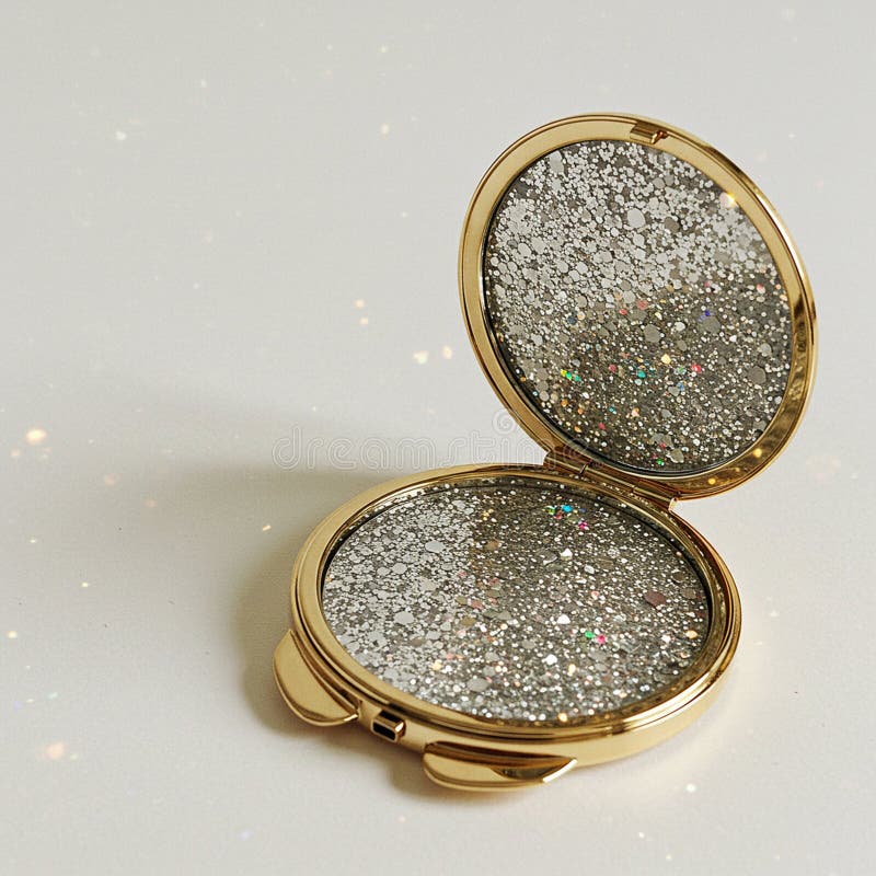 An Open Compact Case Displays a Reflective, Glittery Surface Inside ...