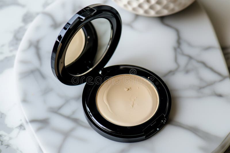 Open Compact Powder with Mirror on Marble Slab Stock Photo - Image of ...