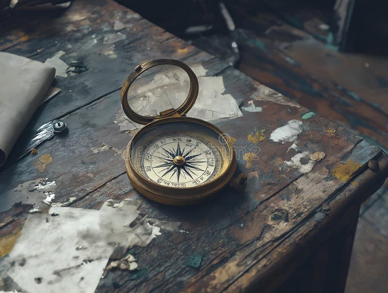 Open Compass on Old Wood, Aged Brass, Weathered Surface, Vintage ...